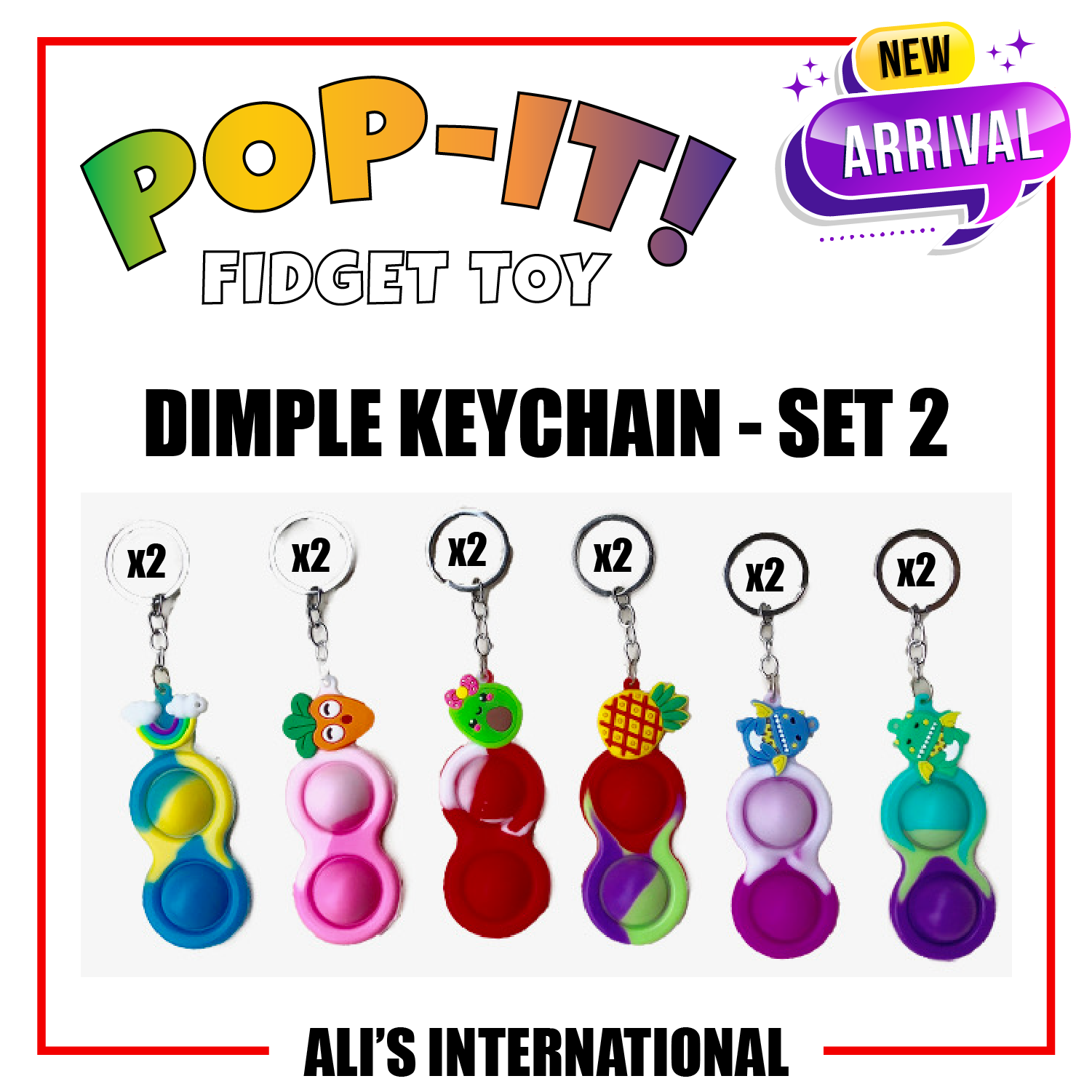 Dimple Keychain Pop-It Fidget Toy: SET 2 - 12 Pcs